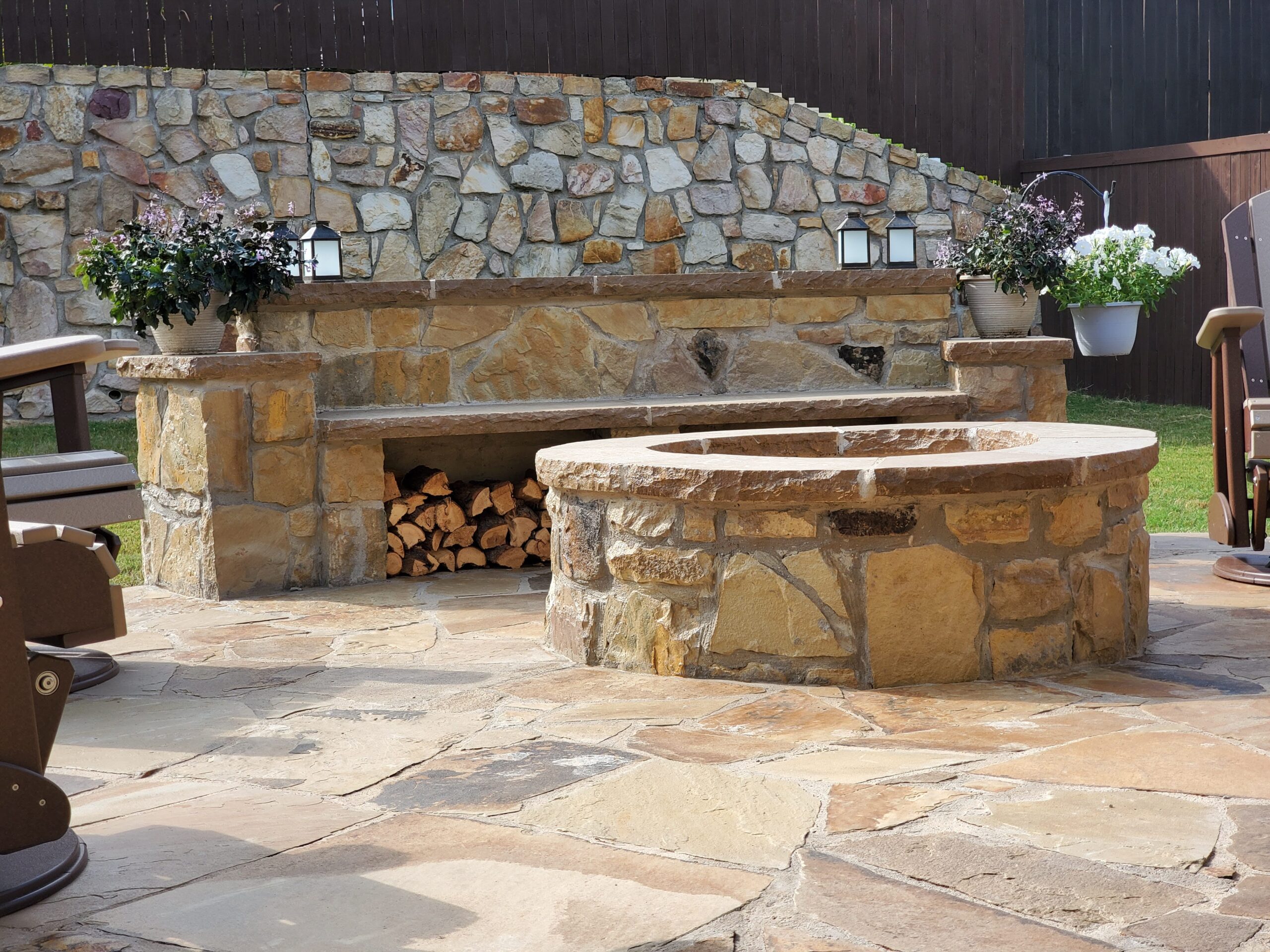 Pioneering Hill Country Flagstone Firepit with Stone Bench